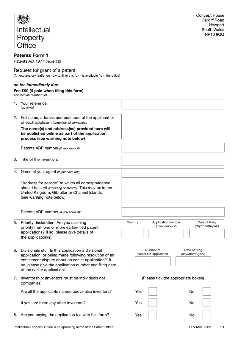 Patents Form 1 Request for grant of a patent (Patents Act 1977 rule 12)