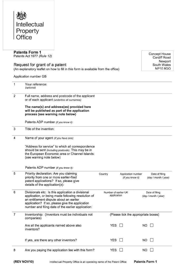 Patents Form 1 Request for grant of a patent (Patents Act 1977 rule 12)