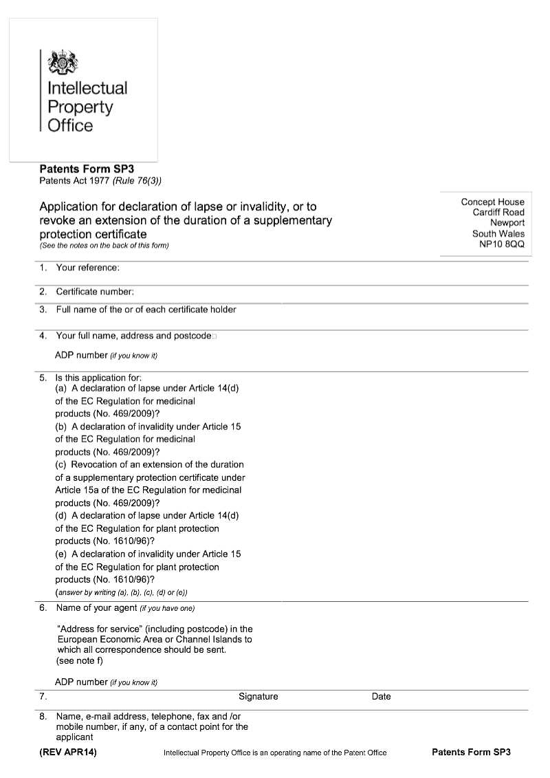 Patents Form SP3 Application for declaration of lapse or invalidity, or ...