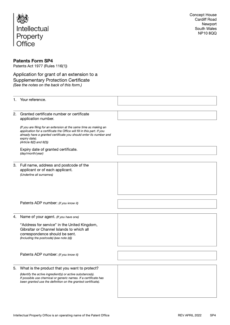 Patents Form SP4 Application for grant of an extension to a ...