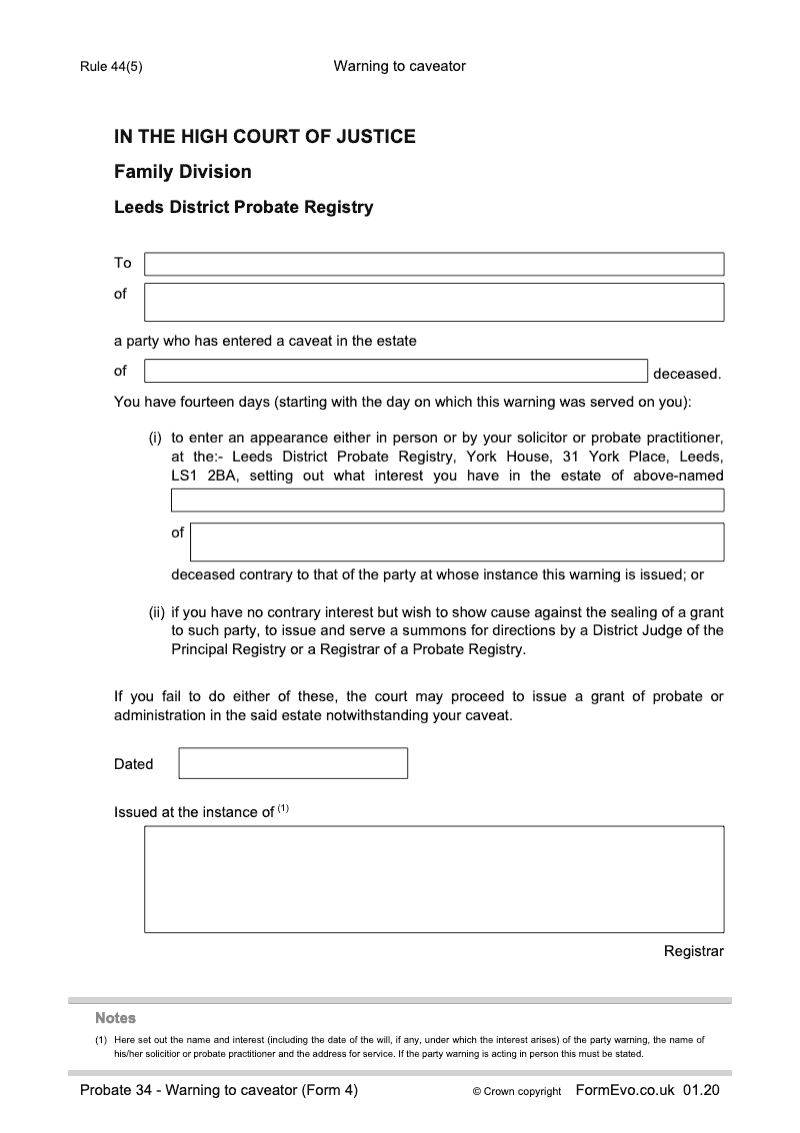 Probate 34 Warning to Caveator (Form 4)