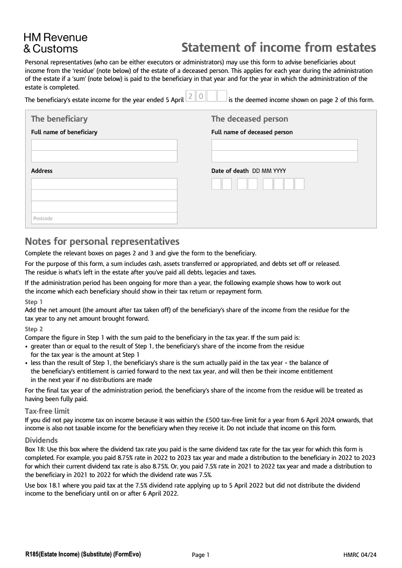 R185 (Estate Income) Statement of income from estates