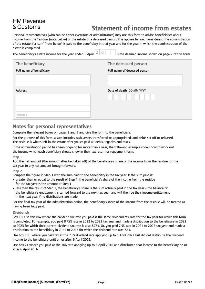 R185 Estate Income Statement Of Income From Estates