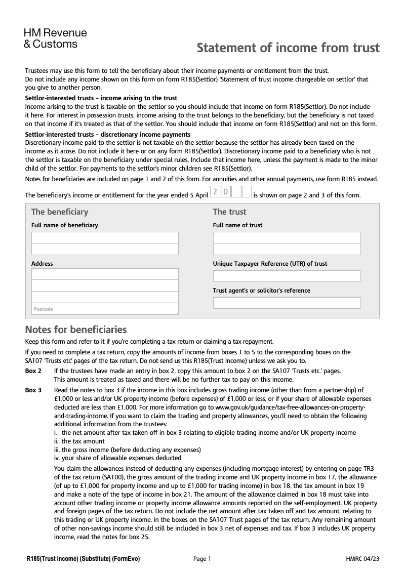 R185 (Trust Income) Statement of income from trust