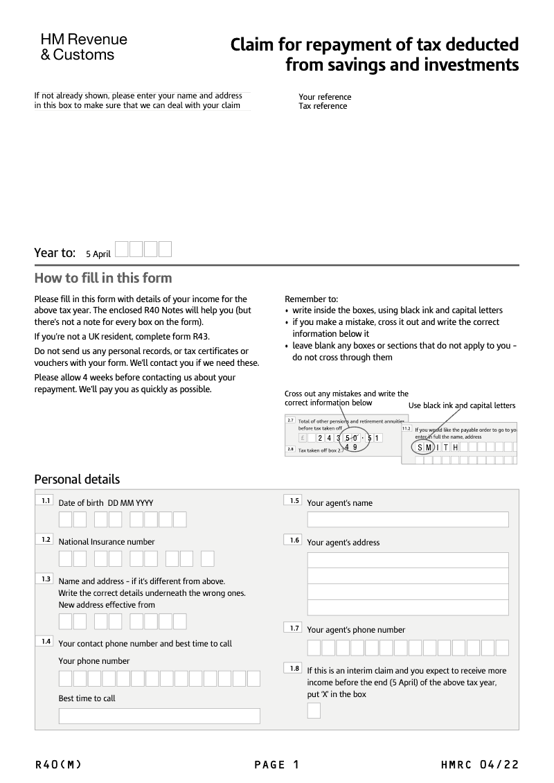 R40 (M) Claim for repayment of tax deducted from savings and investments