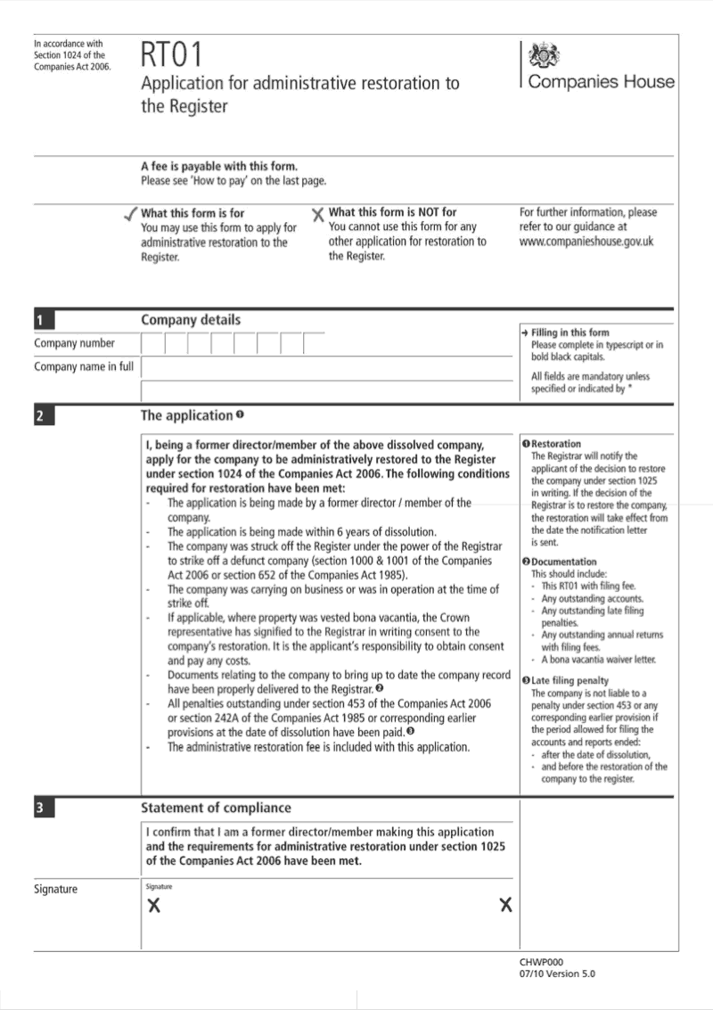 RT01 Application for administrative restoration to the Register ...