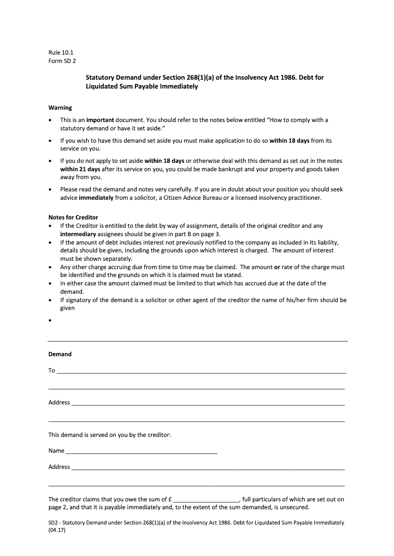 SD2 Statutory Demand under section 268(1)(a) of the Insolvency Act 1986 ...