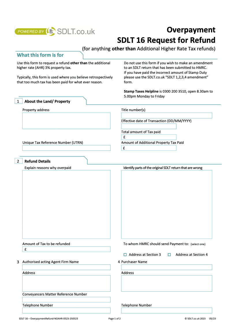 SDLT Overpayment Request for refund following over payment of Stamp ...