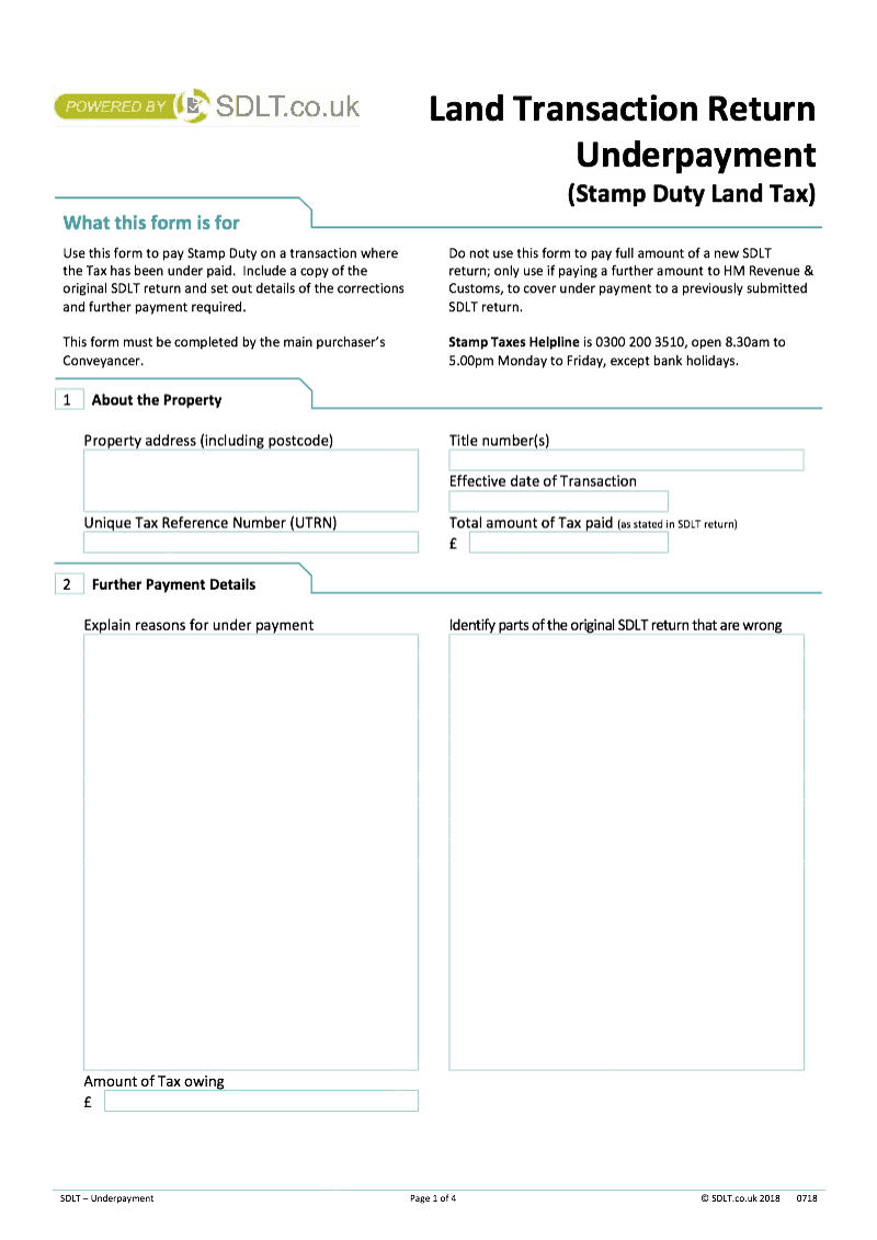 SDLT Underpayment Further payment of Stamp Duty underpaid on a ...