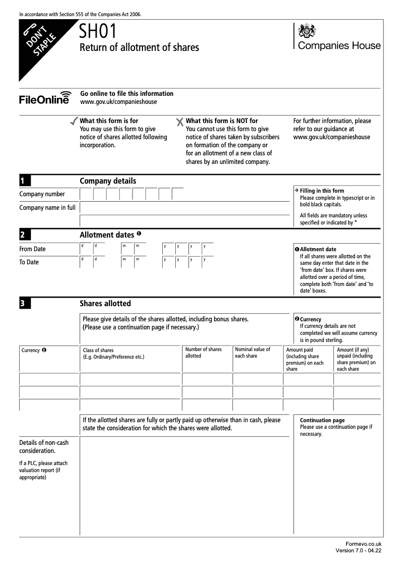 SH01 Return of allotment of shares (Section 555)