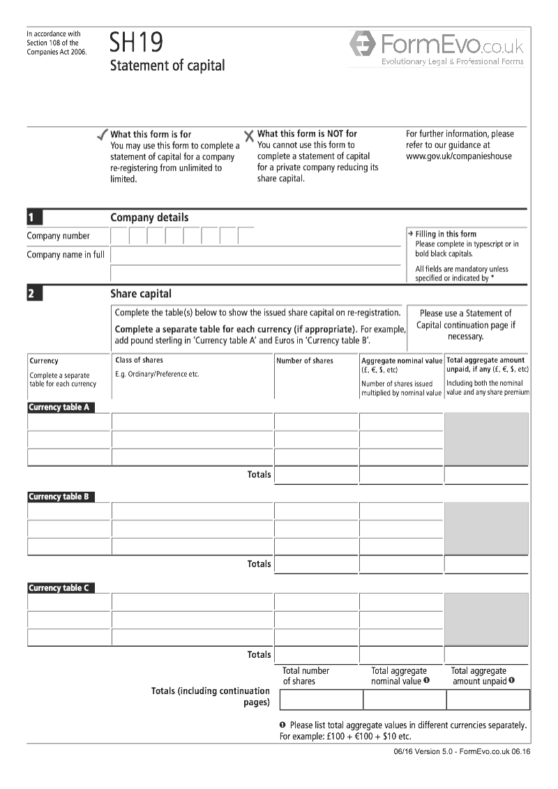 SH19 (Section 108) Statement of capital (Section 108)