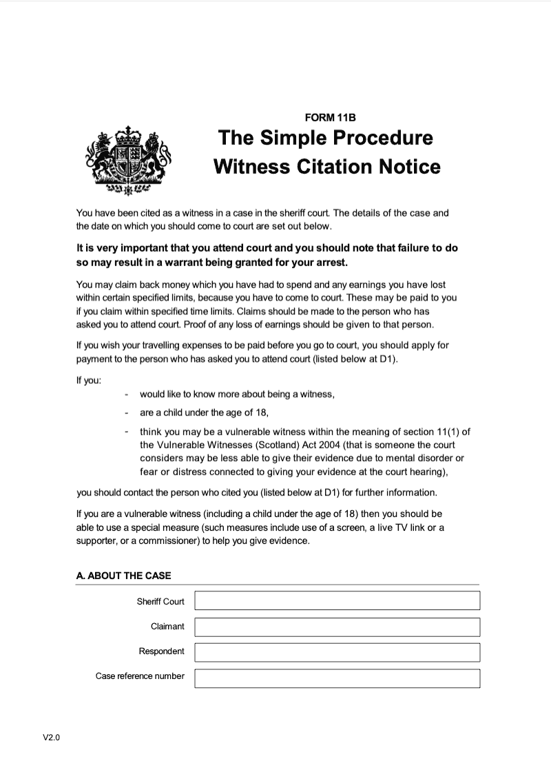 SP FORM11B Simple Procedure Witness Citation Notice