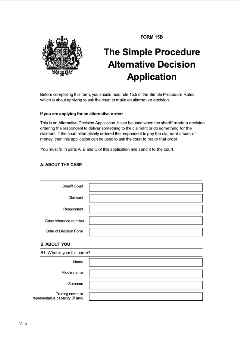 SP FORM15B Simple Procedure Alternative Decision Application