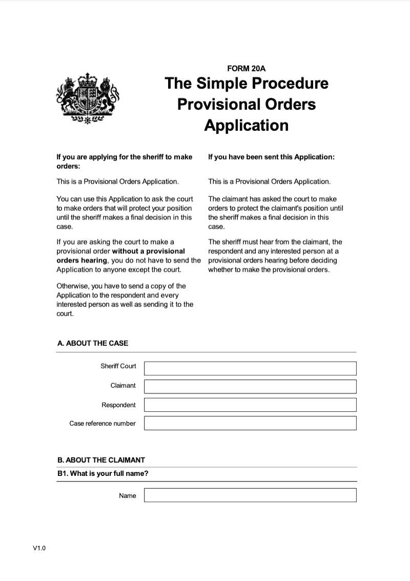 SP FORM20A Simple Procedure Provisional Orders Application