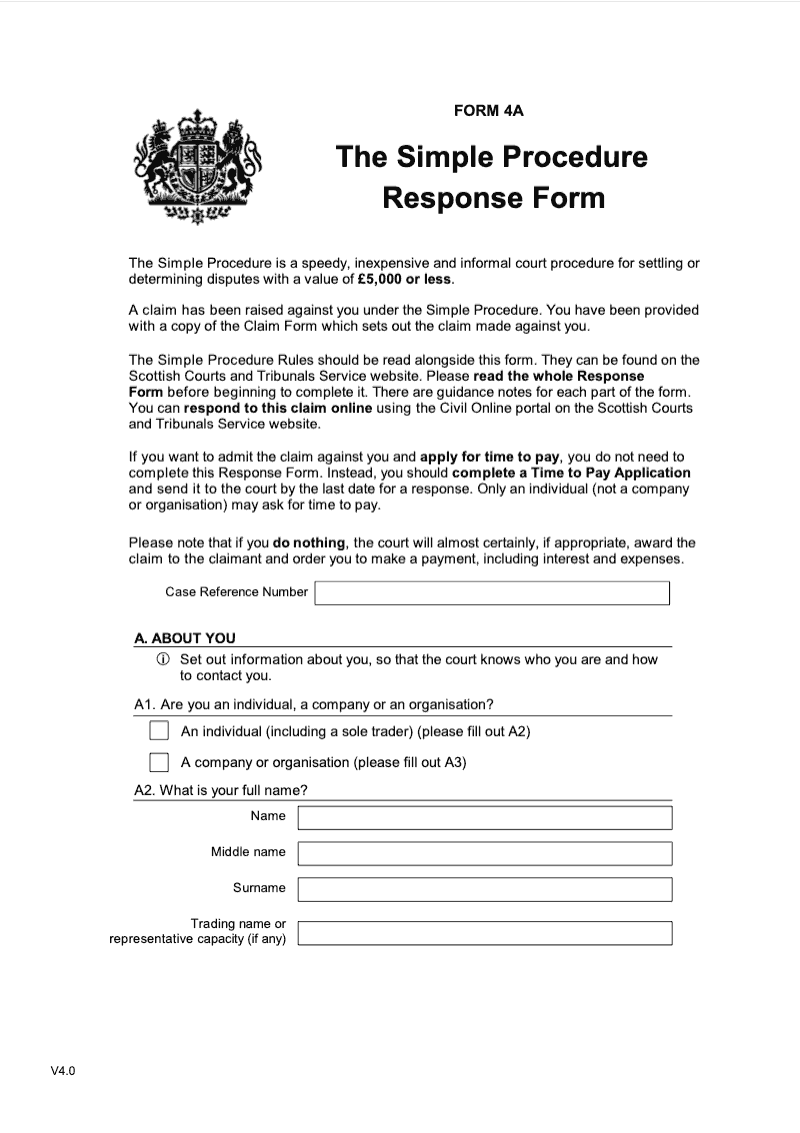 SP FORM4A Simple Procedure Response Form