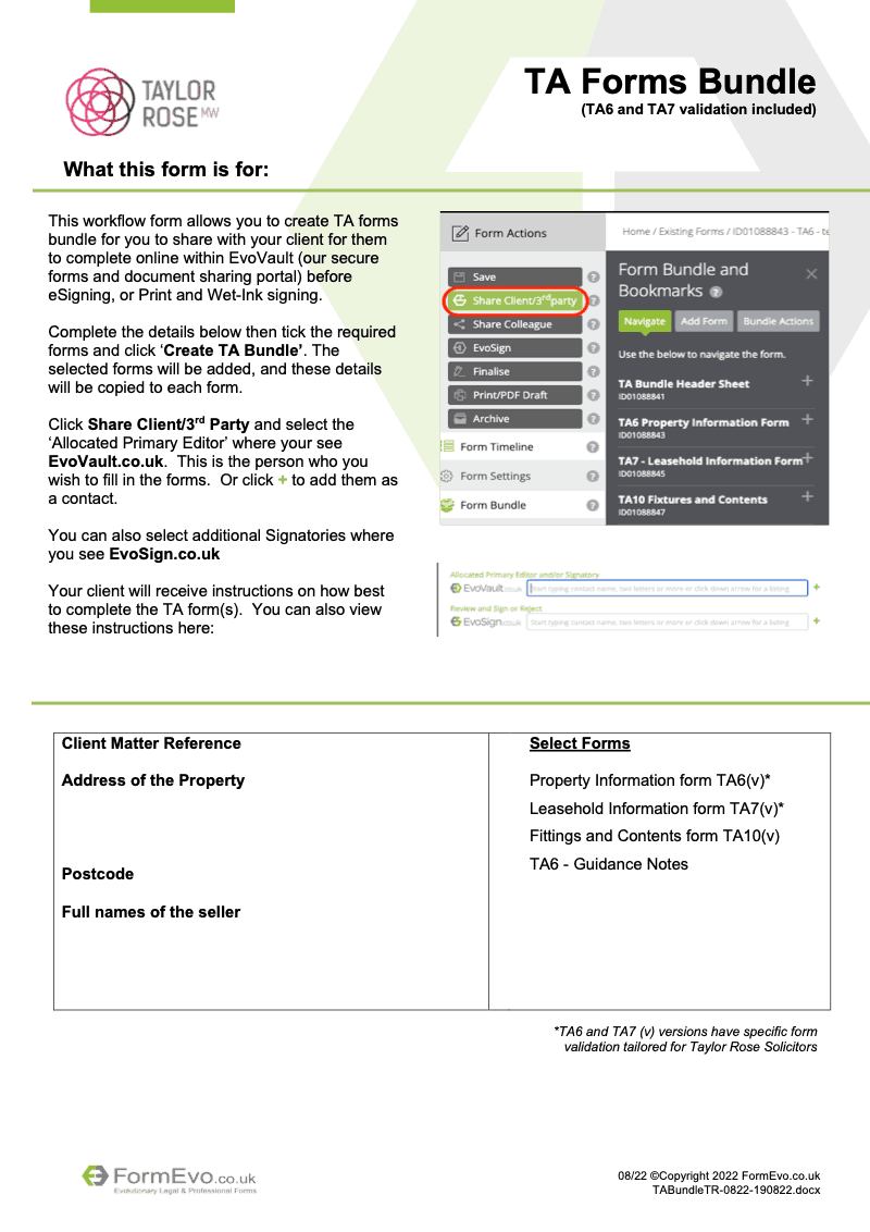 TA Forms BundleTR Pre-defined bundle containing TA6(v), TA7(v) and TA10 ...